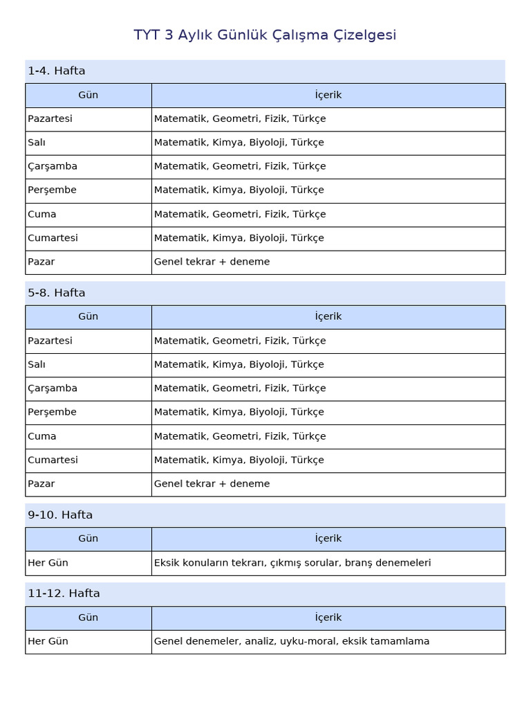TYT 3 Aylik Cizelge GunGun Turkce | PDF
