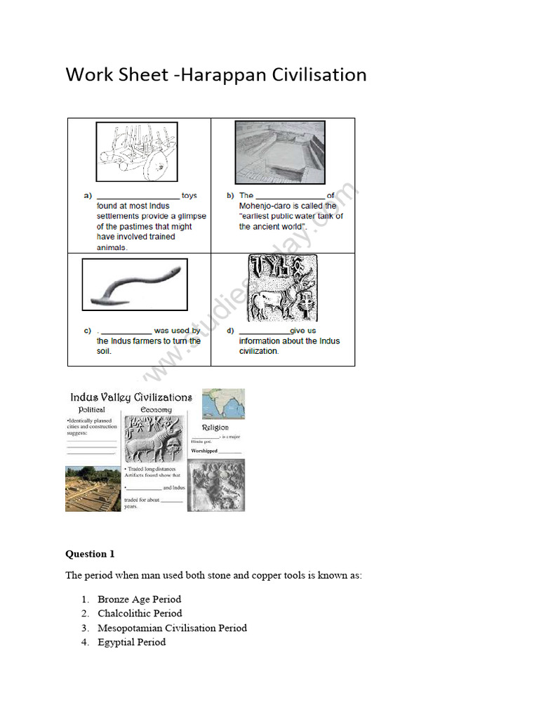 Harappan Civilization Worksheet for Class 9 | PDF