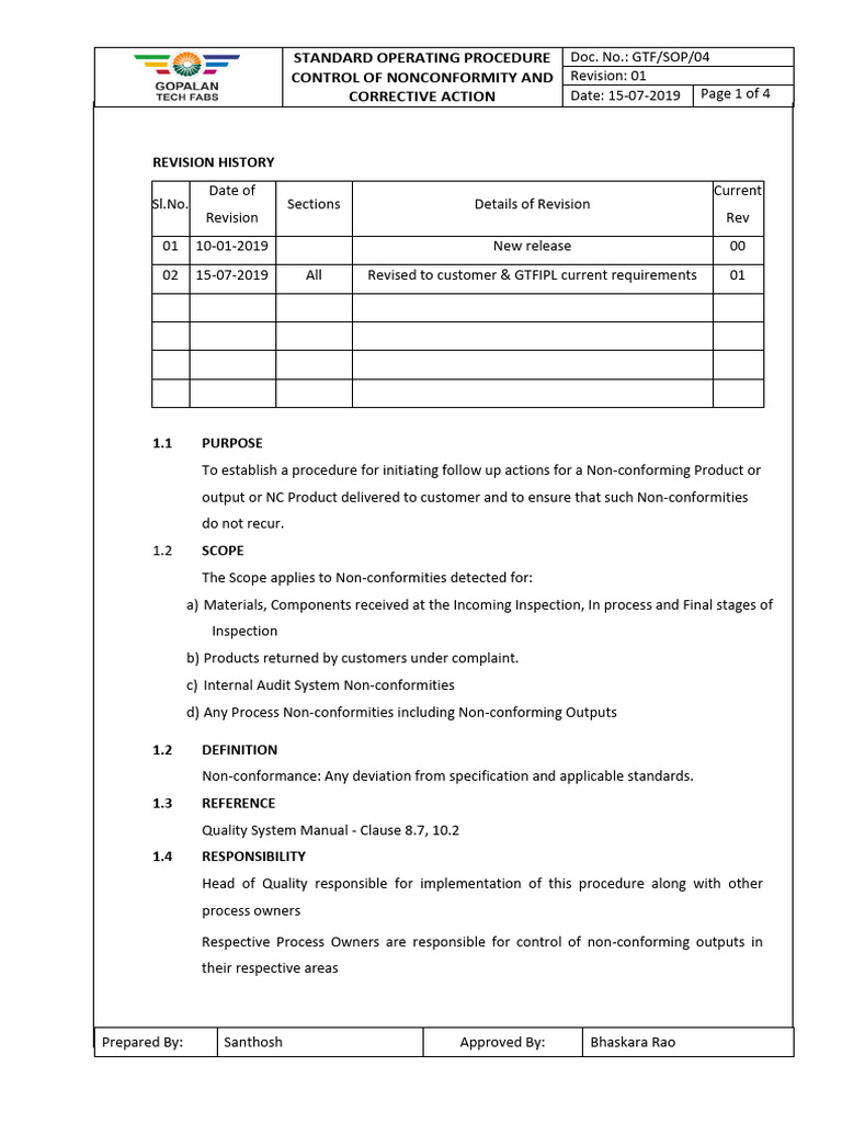 Sop_04-Control of Nonconfirmity and Corrective Actions_rev01 | PDF | Business