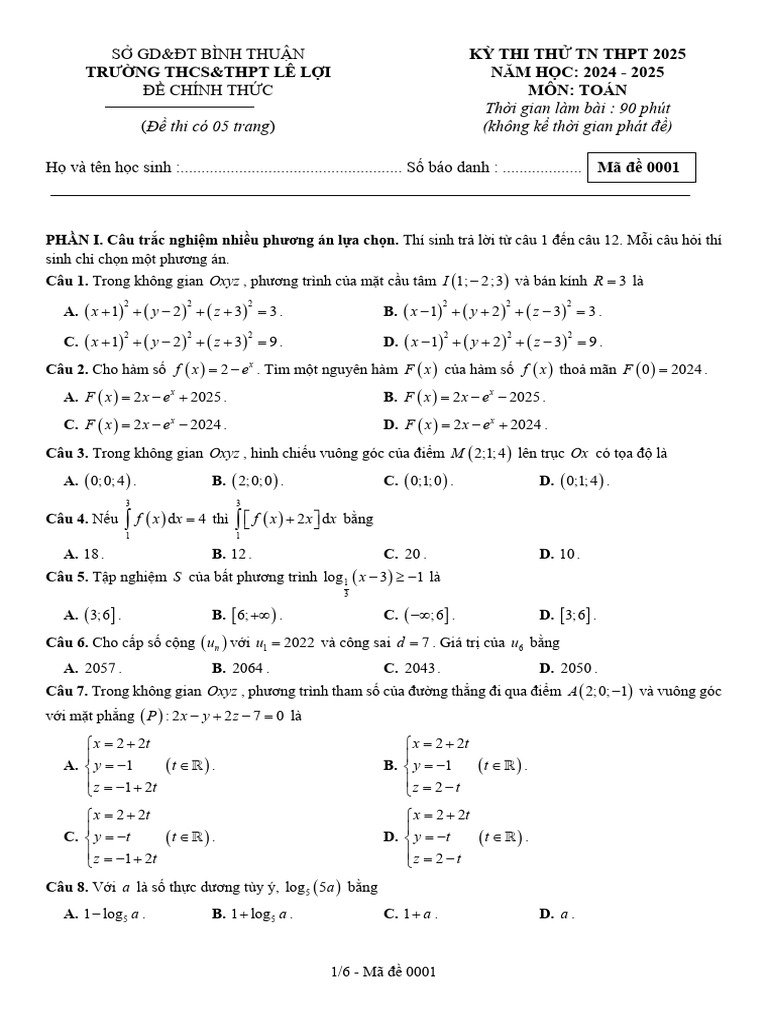 De Thi Thu TN THPT 2025 Mon Toan Truong THCSTHPT Le Loi Binh Thuan | PDF