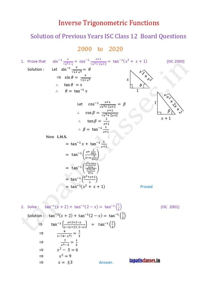 Inverse Trigonometric Functions - Previous Years Board Questions 2000 To 2020 With Solutions of ...