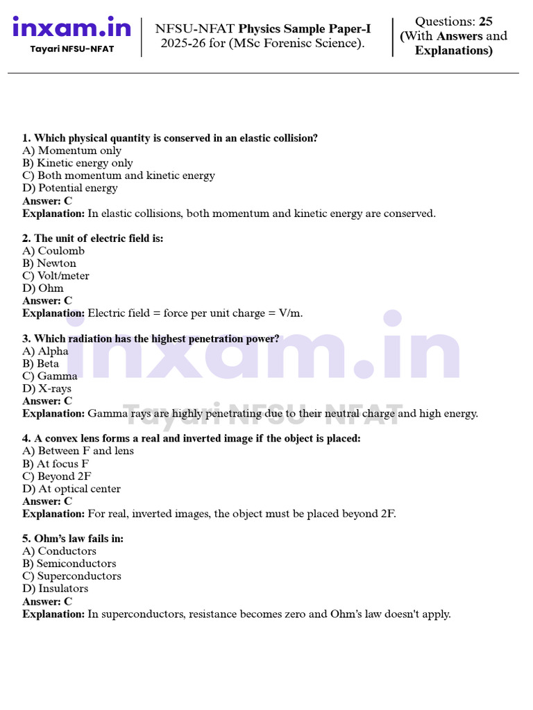 NFSU NFAT Physics Sample Paper I 2025 26 For MSC Forenisc Science | PDF ...