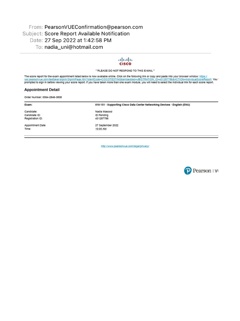 Cisco Exam Score Report Access | PDF
