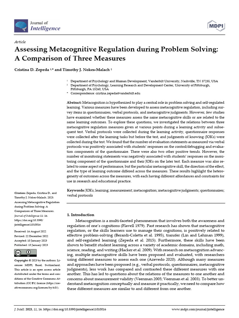 Assessing Metacognitive Regulation During Problem | PDF | Metacognition | Validity (Statistics)