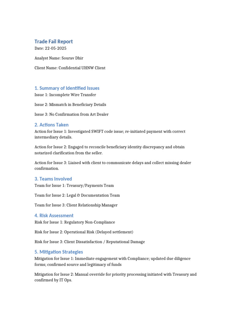 Trade Fail Analysis and Mitigation Strategies | PDF