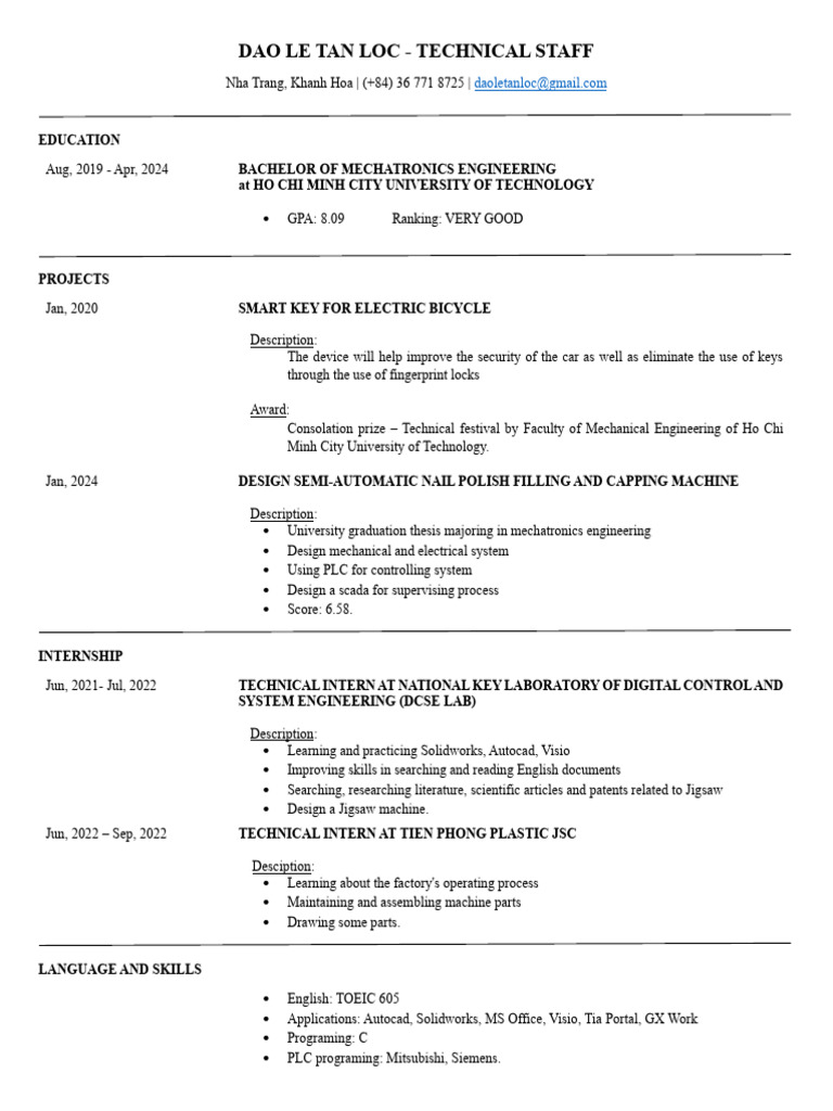 Mechatronics Engineering Resume | PDF | Engineering