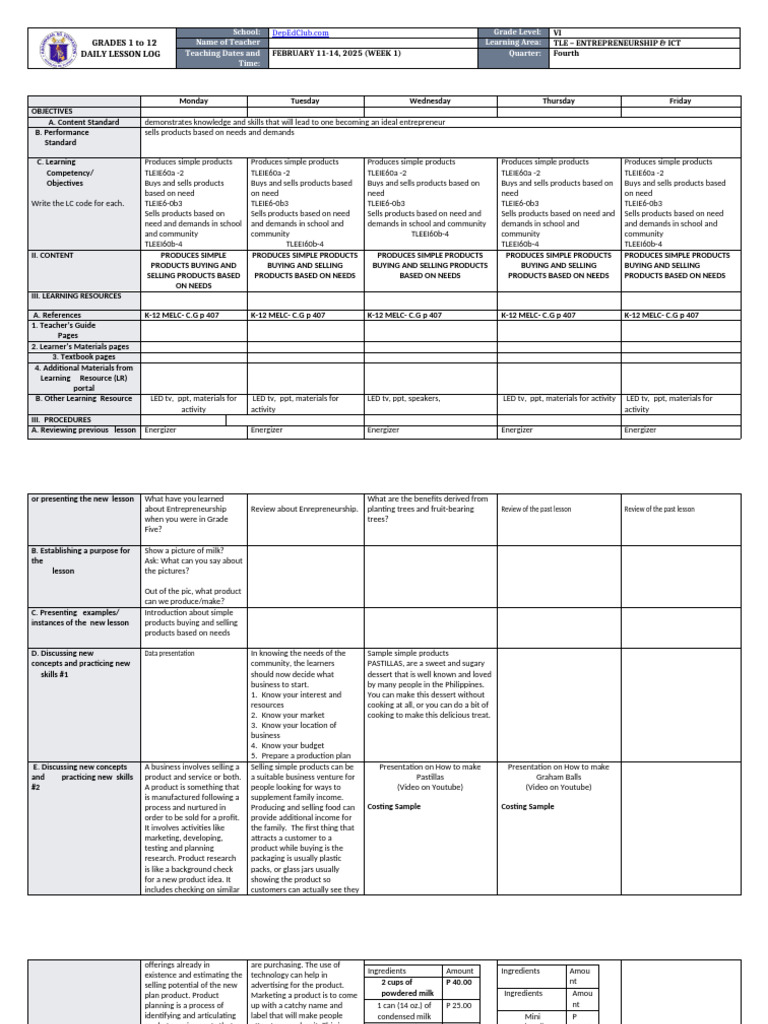 Daily Lesson Log: TLE Entrepreneurship VI | PDF