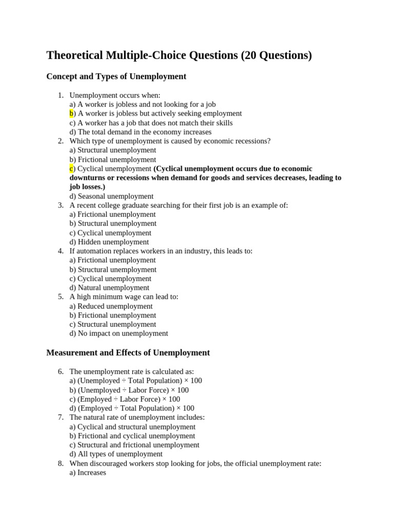 Unemployment Multiple Choice 1 | PDF | Unemployment | Labour Economics