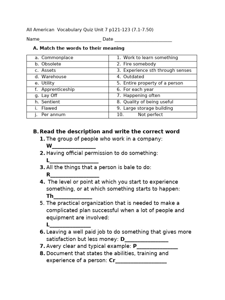 All American Vocabulary Quiz Unit 7 p121-123 | PDF