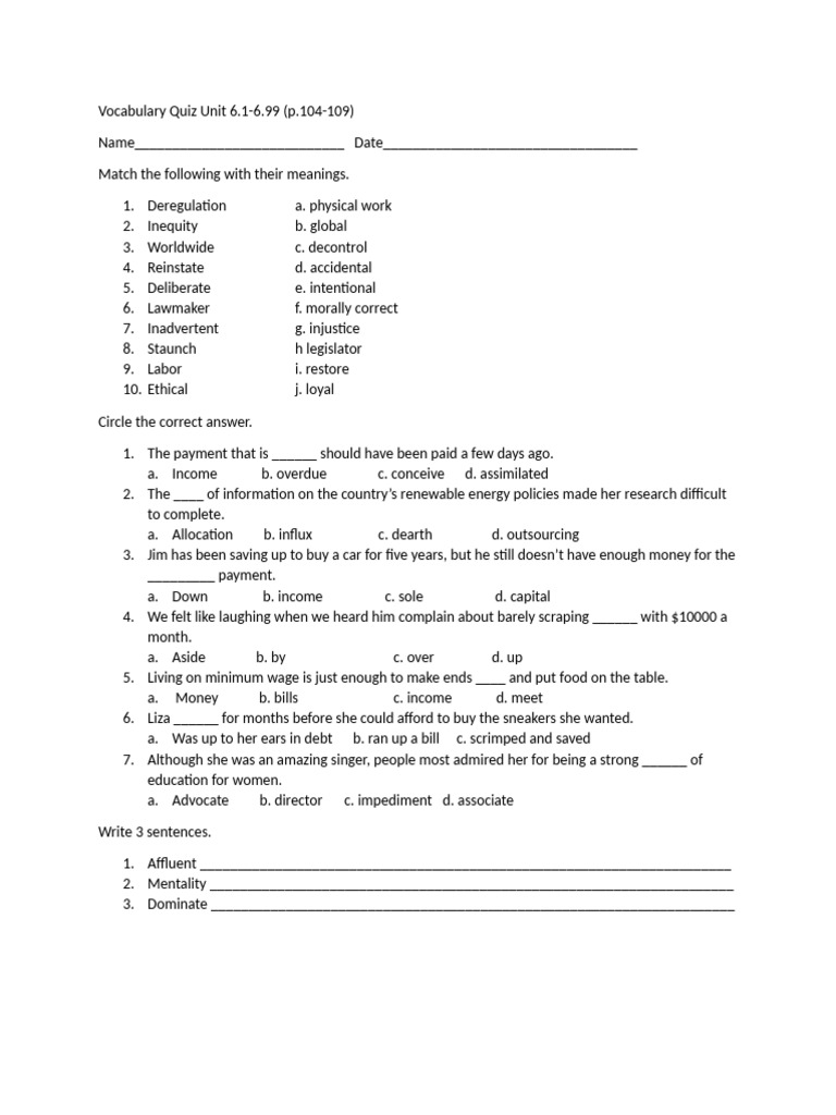 All American Unit 6 Vocabulary Test | PDF