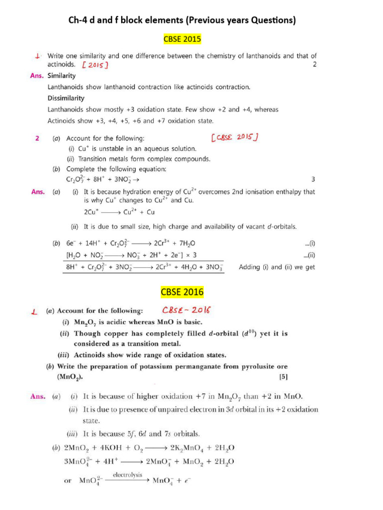 PYQ (2015-25) D and F Block Elements | PDF