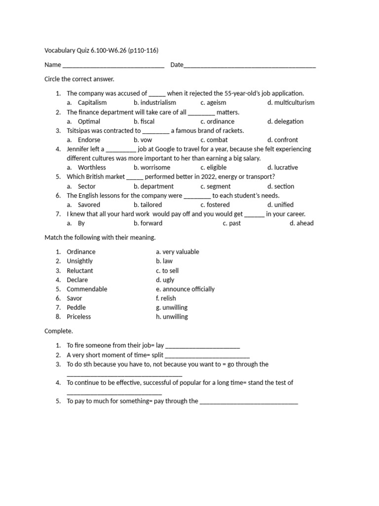 Unit 6 Vocabulary Quiz P.P. 110-116 | PDF