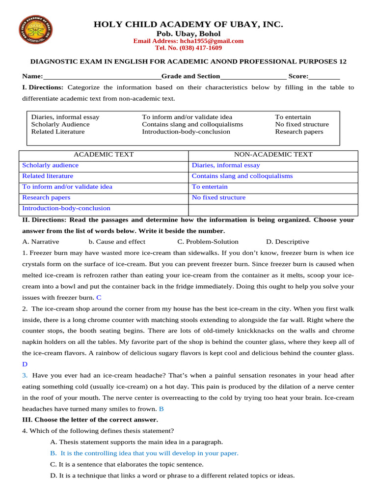 Diagnostic Exam For English Acad Grade 12 | PDF | Methodology