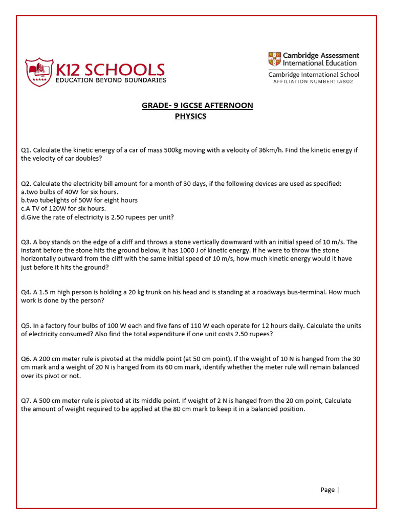 Grade 9 IGCSE Physics Practice Questions | PDF | Physics | Classical ...