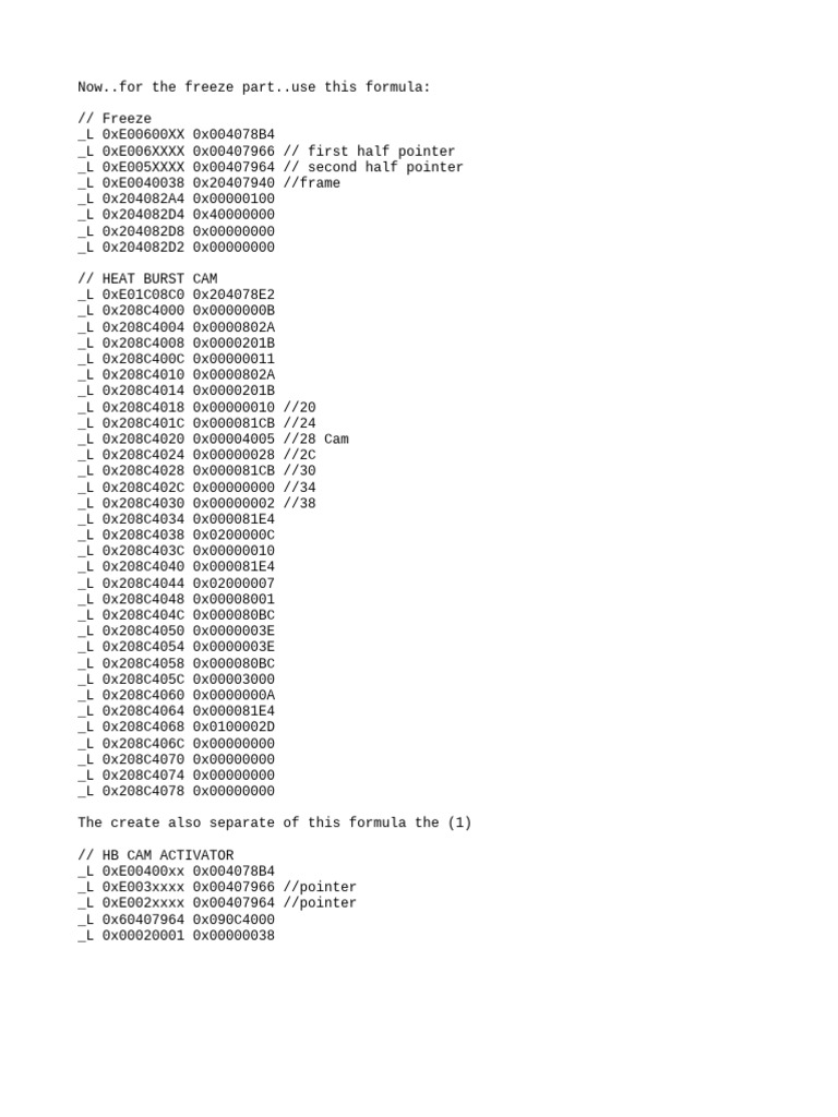 Freeze and Heat Burst Cam Codes | PDF