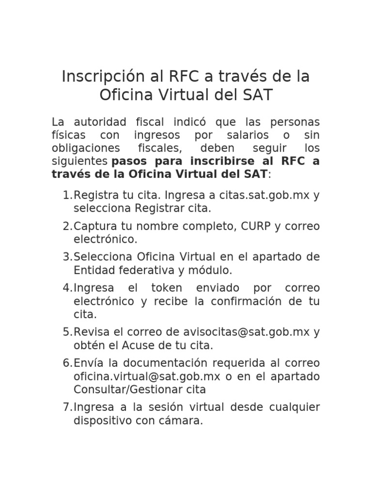 Inscripción Al RFC A Través de La Oficina Virtual Del SAT | PDF