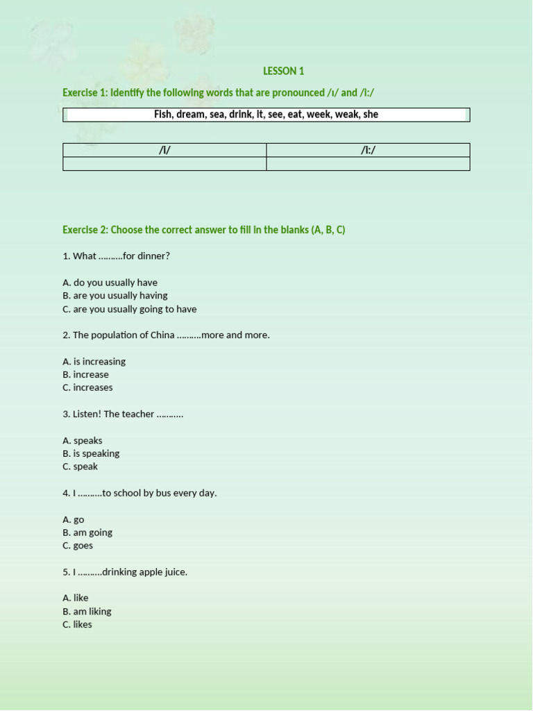 English Grammar Exercises for Beginners | PDF