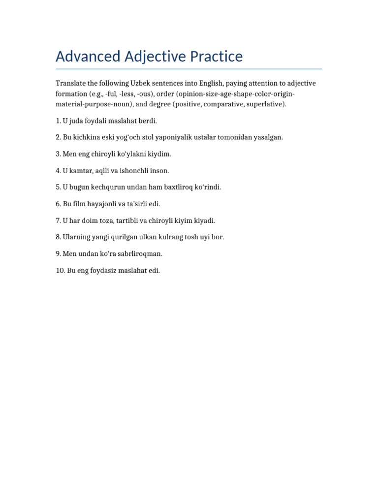 Advanced Adjective Translation Practice | PDF
