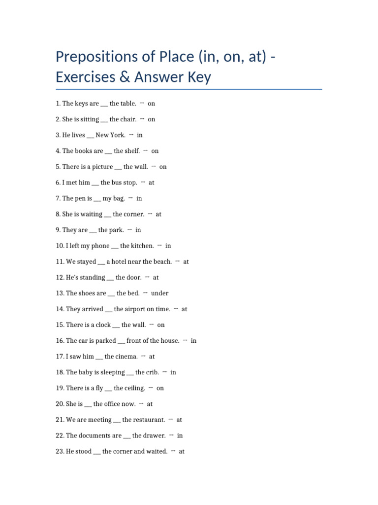 Prepositions of Place Exercises & Answers | PDF
