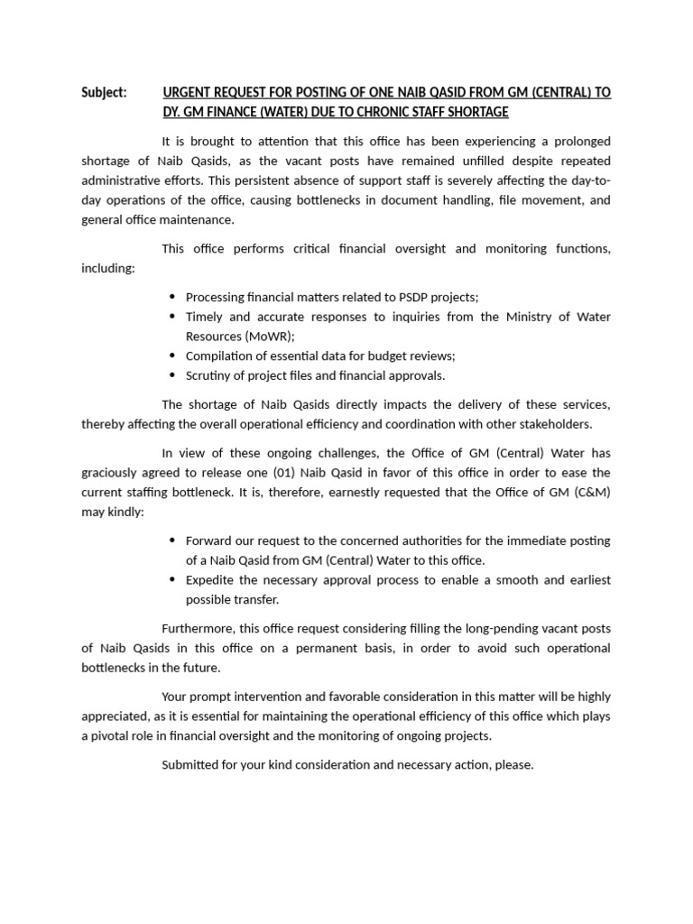 Request for Naib Qasid Posting Due to Shortage | PDF