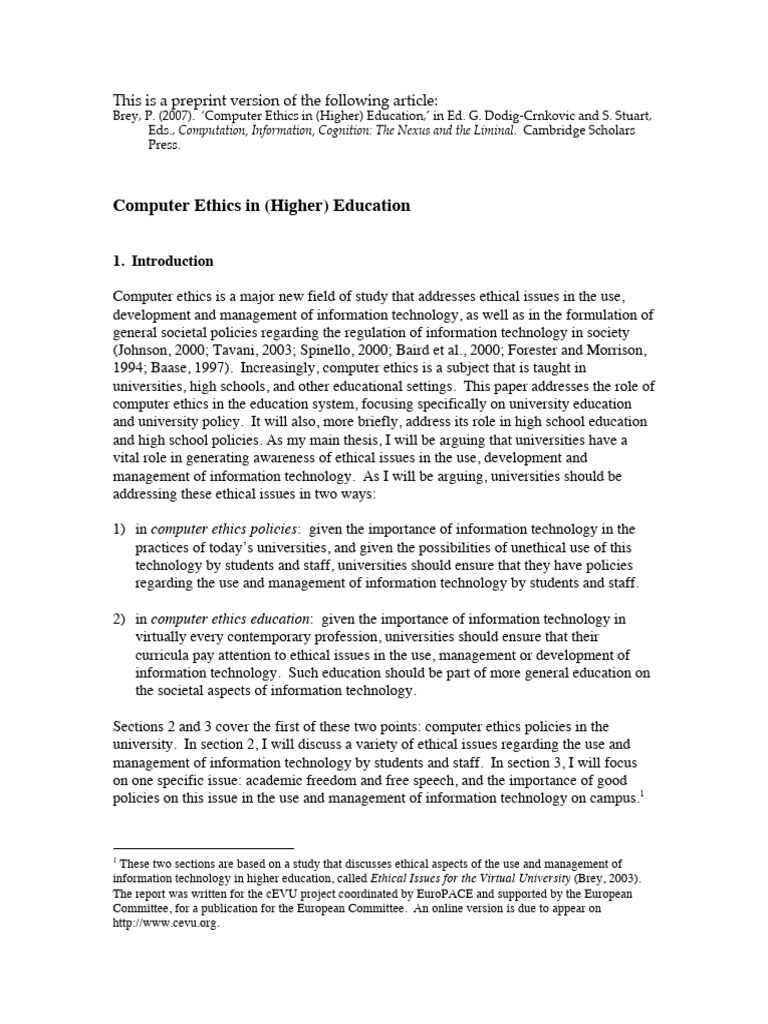 Computer Ethics in Higher Education | PDF | Knowledge | Security Hacker