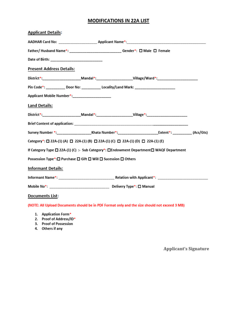 MODIFICATIONS IN 22A LIST Application Form | PDF