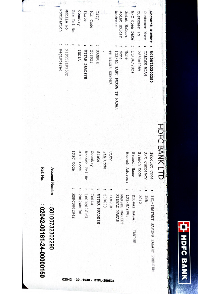 HDFC Cheque Book | PDF