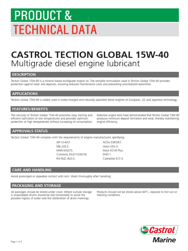 Castrol Tection Global 15W-40 Overview | PDF | Motor Oil