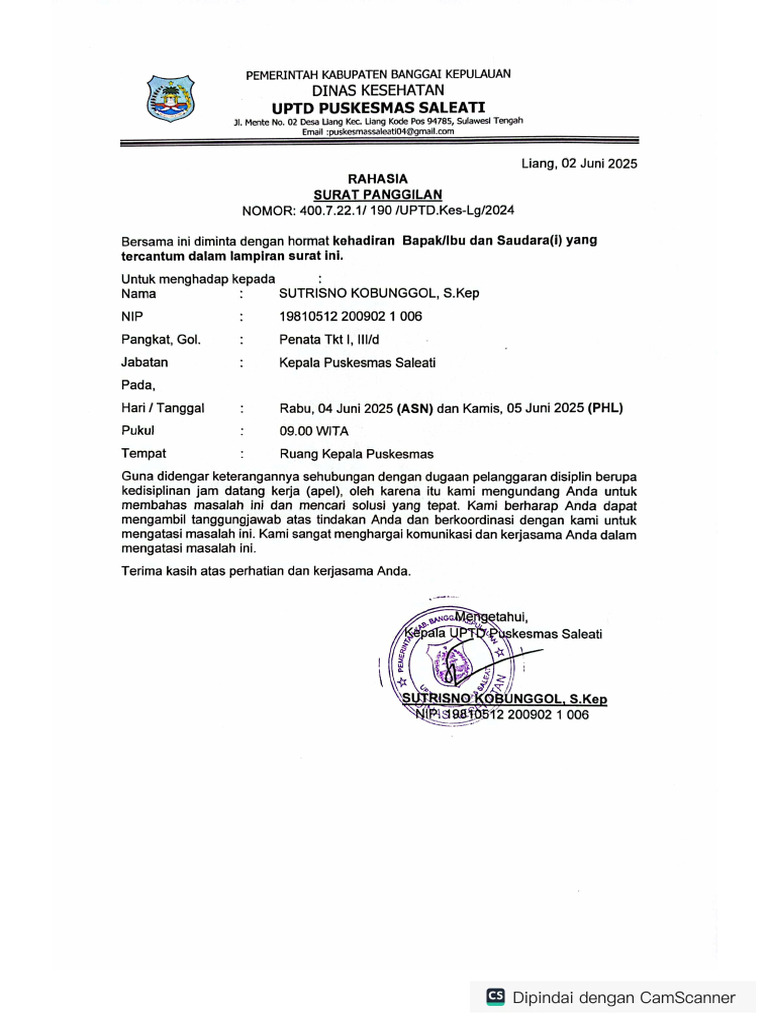 Surat Panggilan Staf Uptd PKM Saleati | PDF