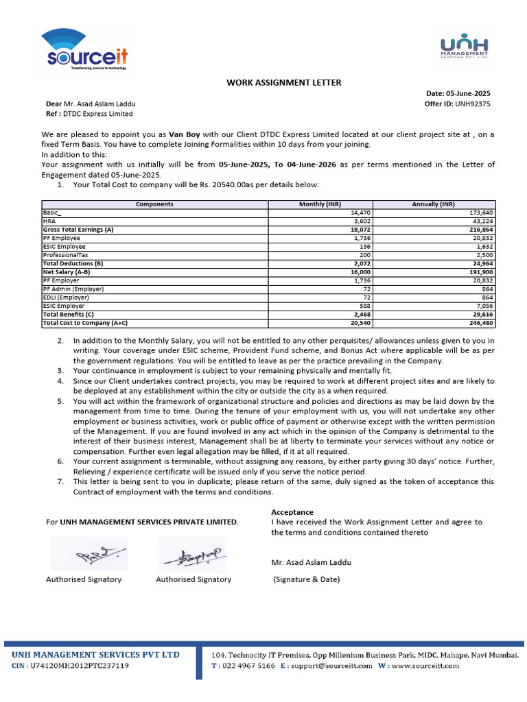 Asad Aslam Laddu (UNH92375) - Work Assignment Letter | PDF | Employment | Trade Secret