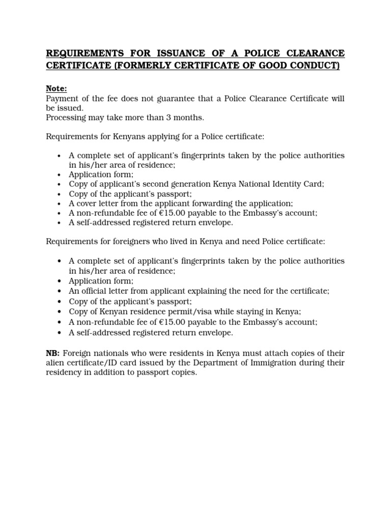Police Clearance Certificate Requirements | PDF