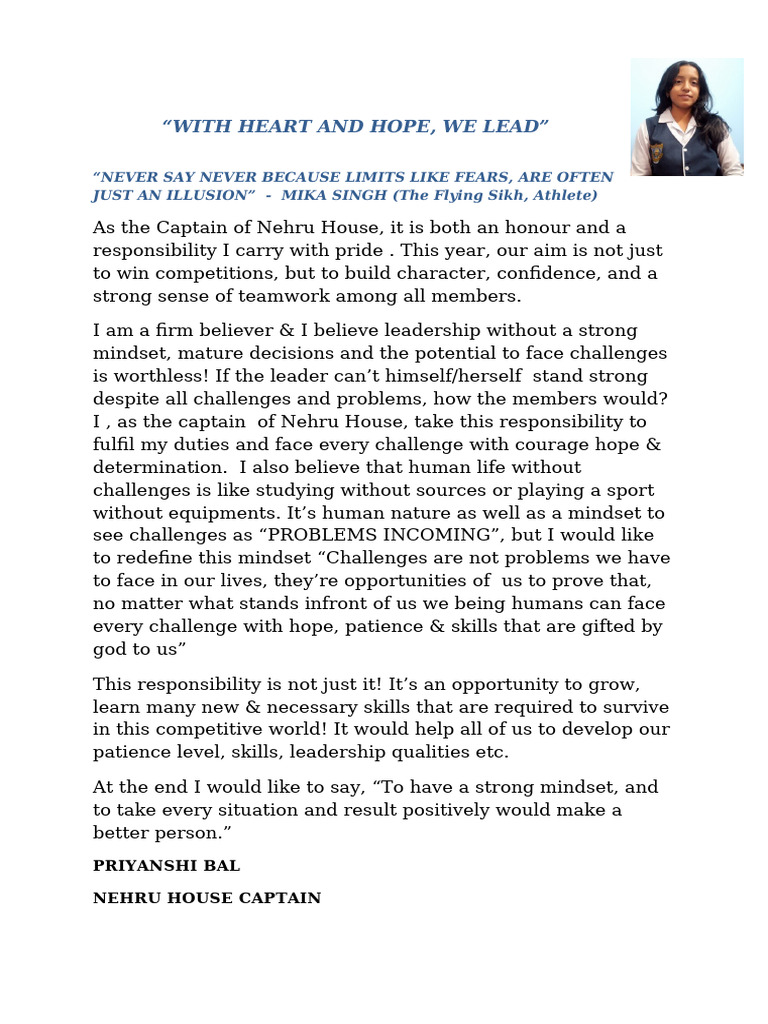 Priyanshi Bal (Nehru House Captain) | PDF