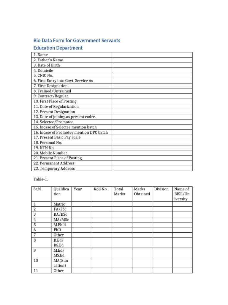 Biodata Form Govt Servants Education | PDF