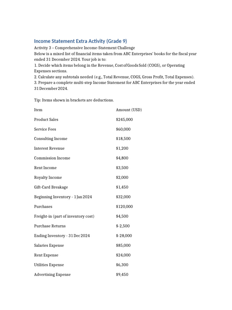 Income Statement Extra Activity Grade9 | PDF | Income Statement | Expense