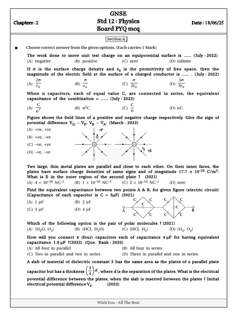 Std 12 Physics MCQs for GNSE | PDF | Capacitance | Capacitor