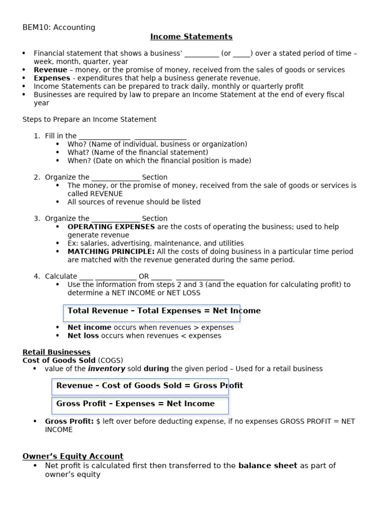 BEM10 Income Statement Worksheet | PDF | Revenue | Income Statement