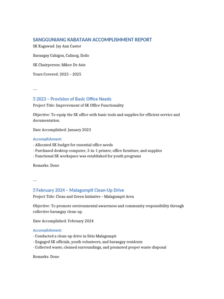 SK Accomplishment Report 2023-2025 | PDF