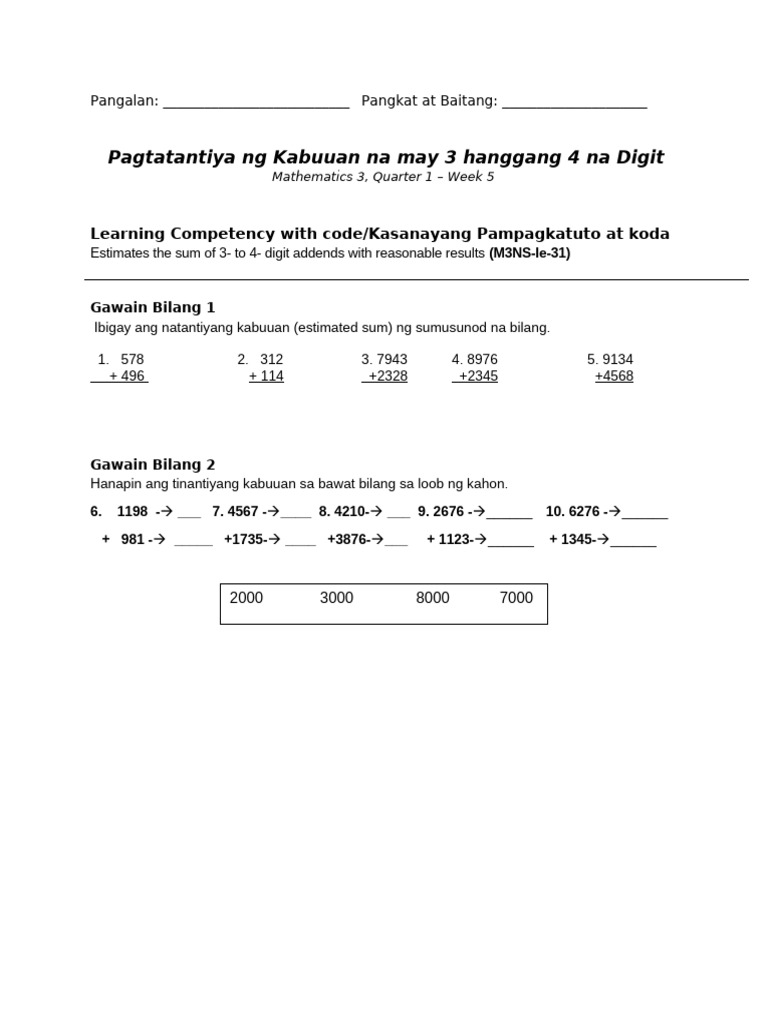Pagtatantiya NG Kabuuan Na May 3 Hanggang 4 Na Digit | PDF