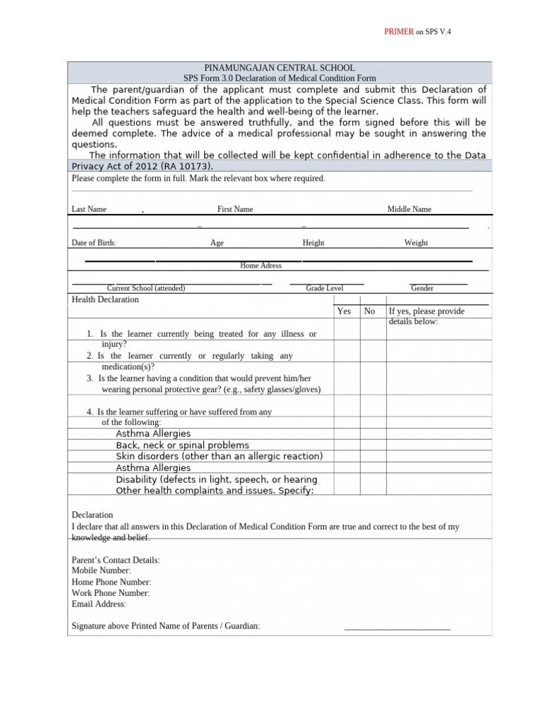 Sps Declaration of Medical Condition | PDF | Allergy | Health Care