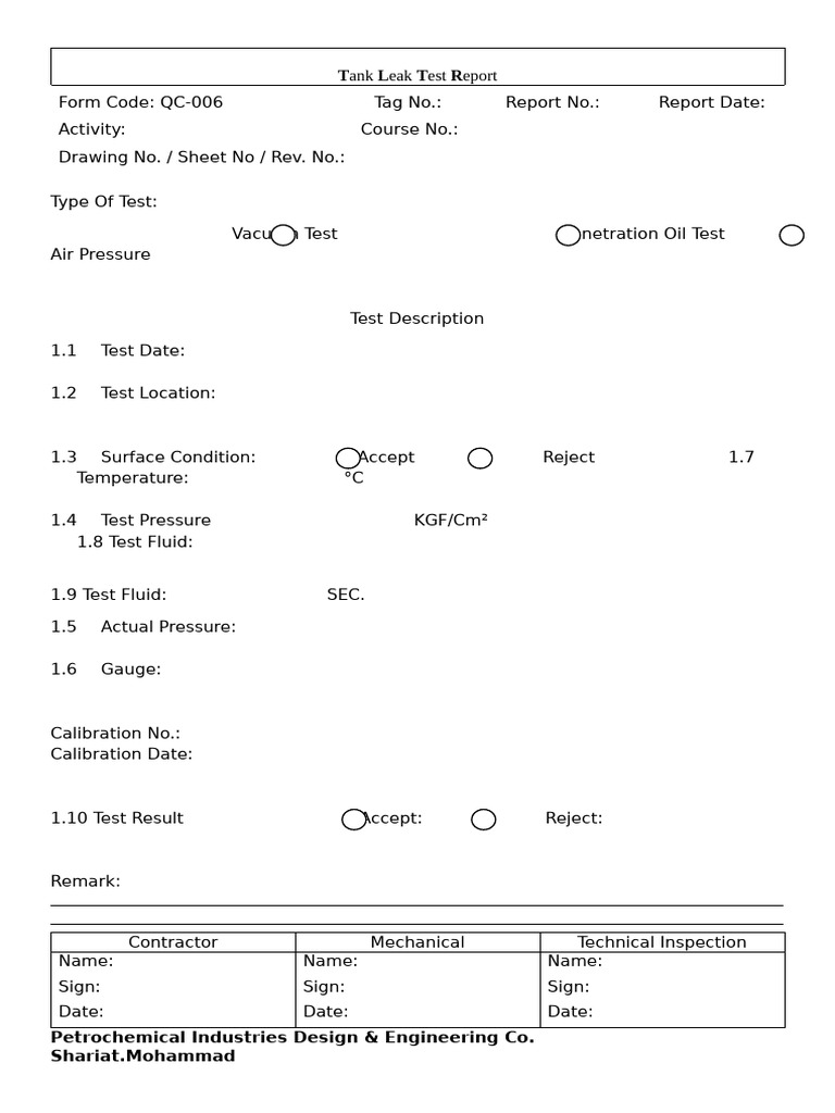Tank Leak Test Report | PDF