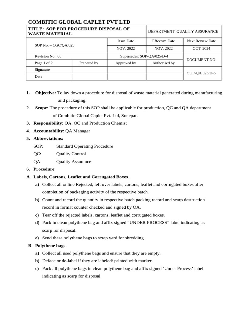 Waste Material Disposal SOP Guide | PDF | Business Process