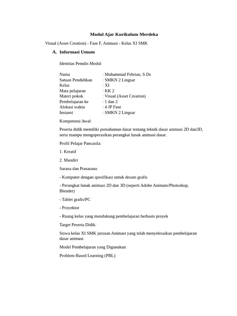 Modul Ajar Kurikulum Merdeka Animasi Fase F Visual (Asset Creation) | PDF