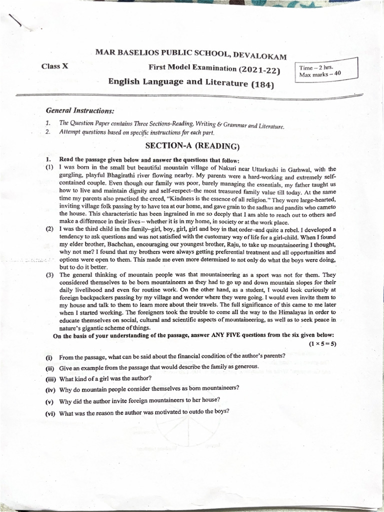 CBSE X English Question Paper 2021-22 | PDF