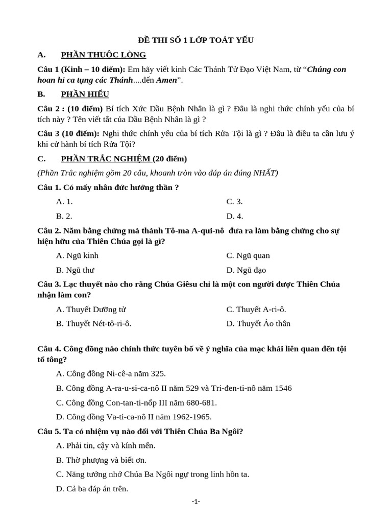 Đề Thi Số 1 Lớp Toát Yếu | PDF