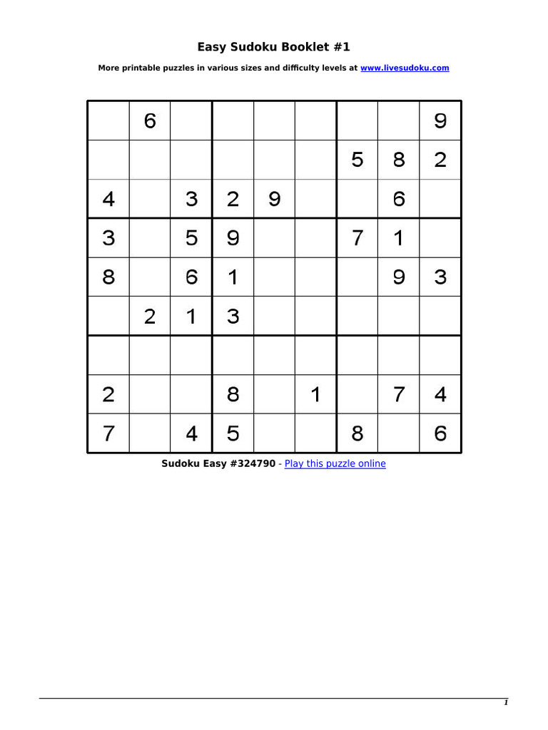 Easy Sudoku Booklet 1 en Large | PDF | Puzzles | Puzzle Video Games