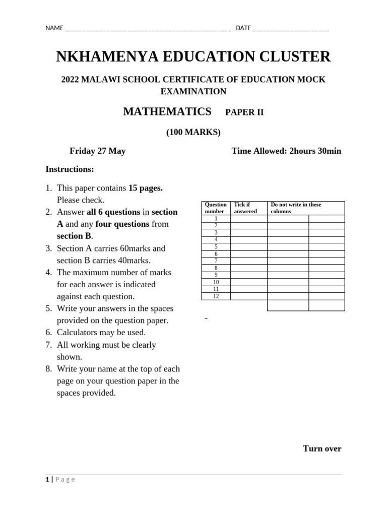 2022 Malawi MSCE Maths Mock Exam | PDF | Angle | Elementary Geometry