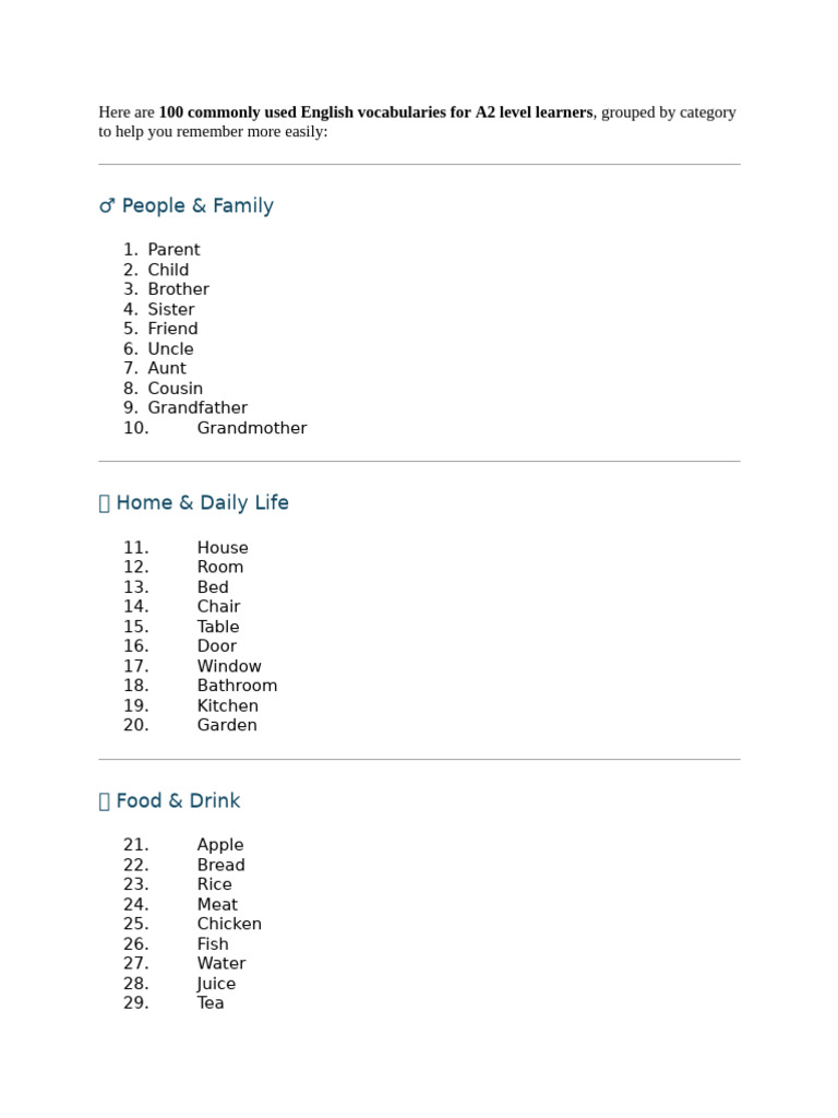 A2 Vocabulary List: 100 Essential Words | PDF