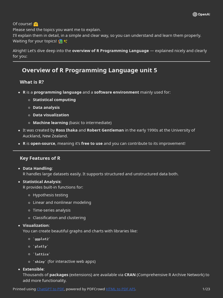? Overview of R Programming Language Unit 5 | PDF | R (Programming Language) | Data Analysis