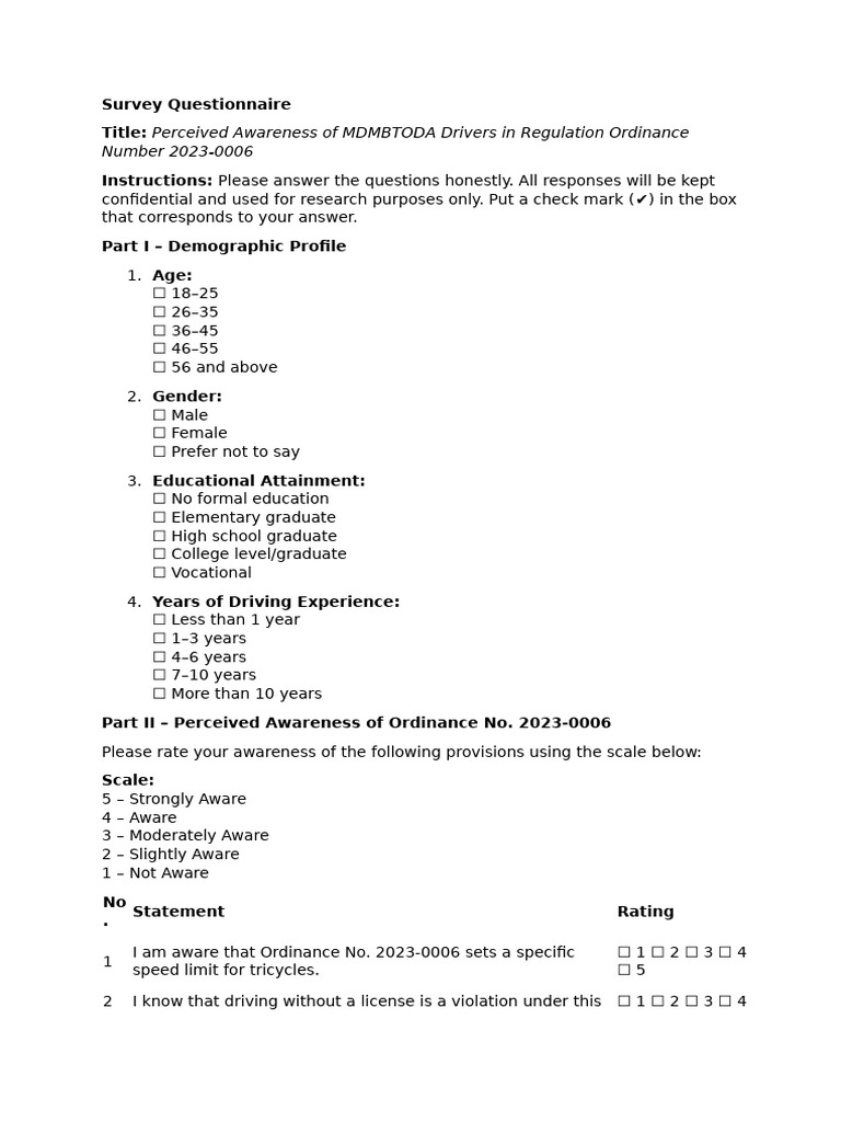 Survey Questionnaire | PDF