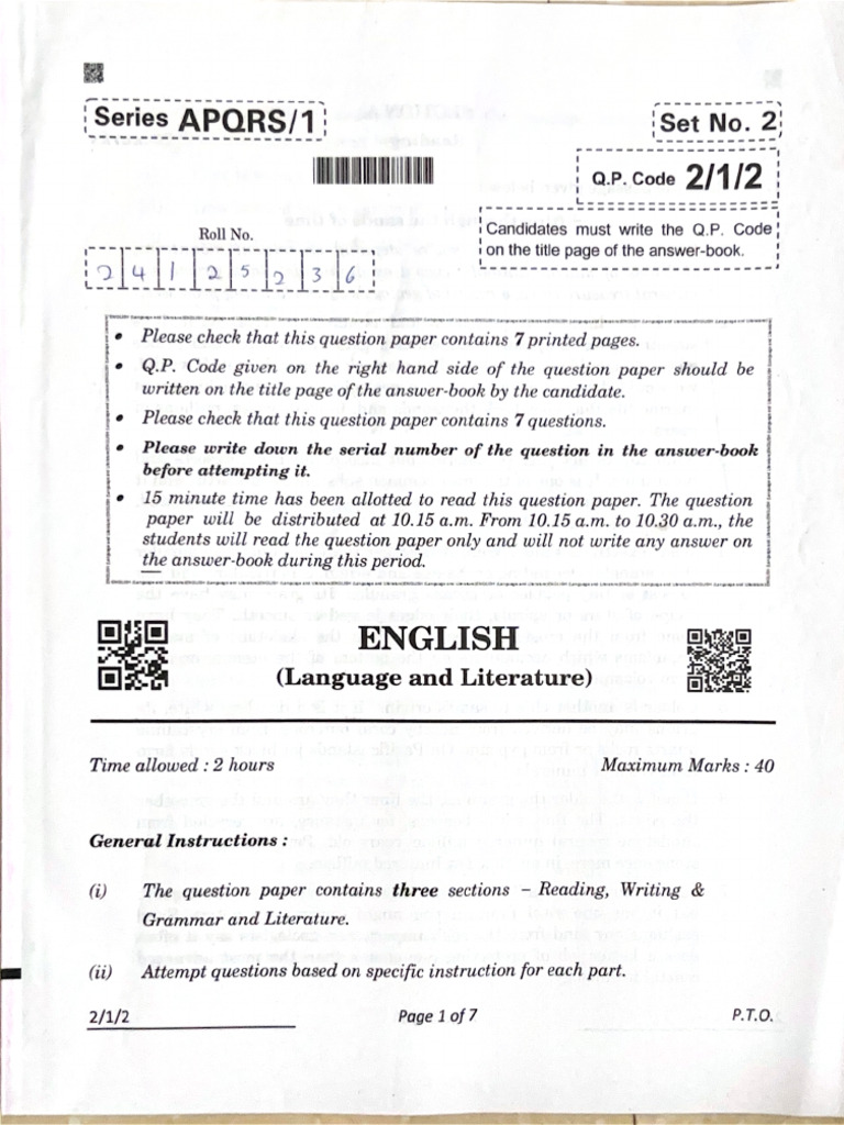 CBSE X English Question Paper 2021-22 | PDF